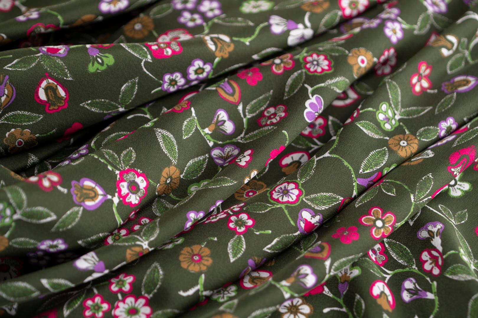 Tessuto Crêpe de Chine Multicolore, Verde in Seta per abbigliamento