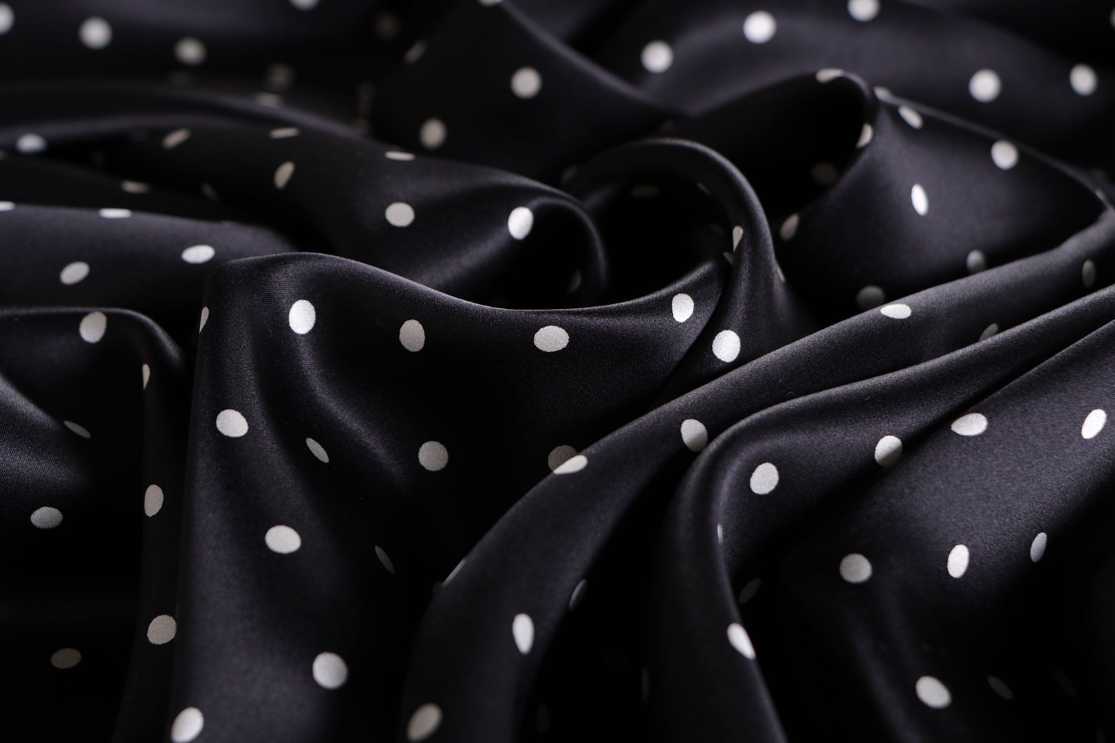 Black, White Silk Satin Polka Dot Fabric - Raso Se Omnibus Pois 201901