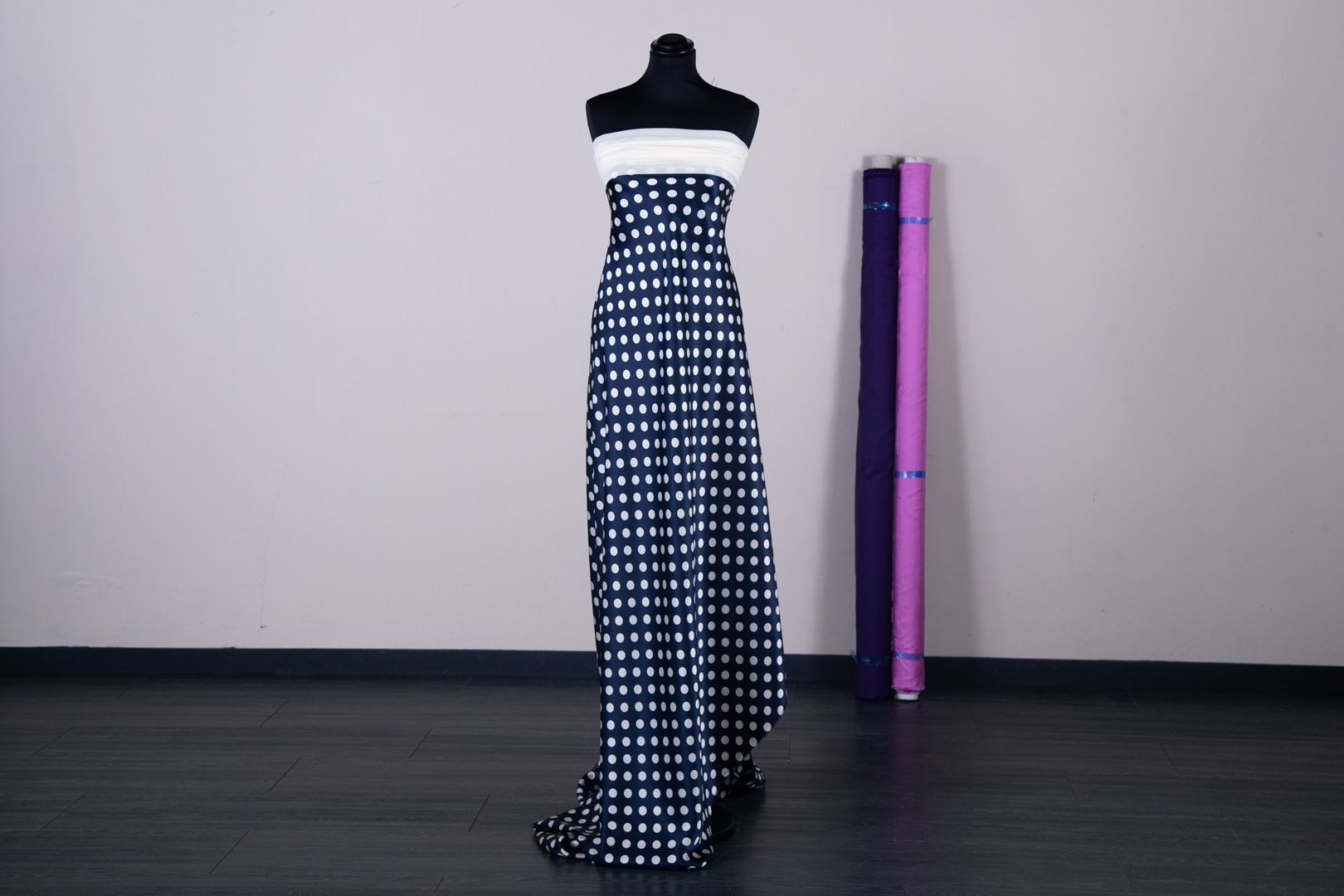 Blue, White Silk Satin Polka Dot Fabric - Raso Se Ominibus Pois 201102